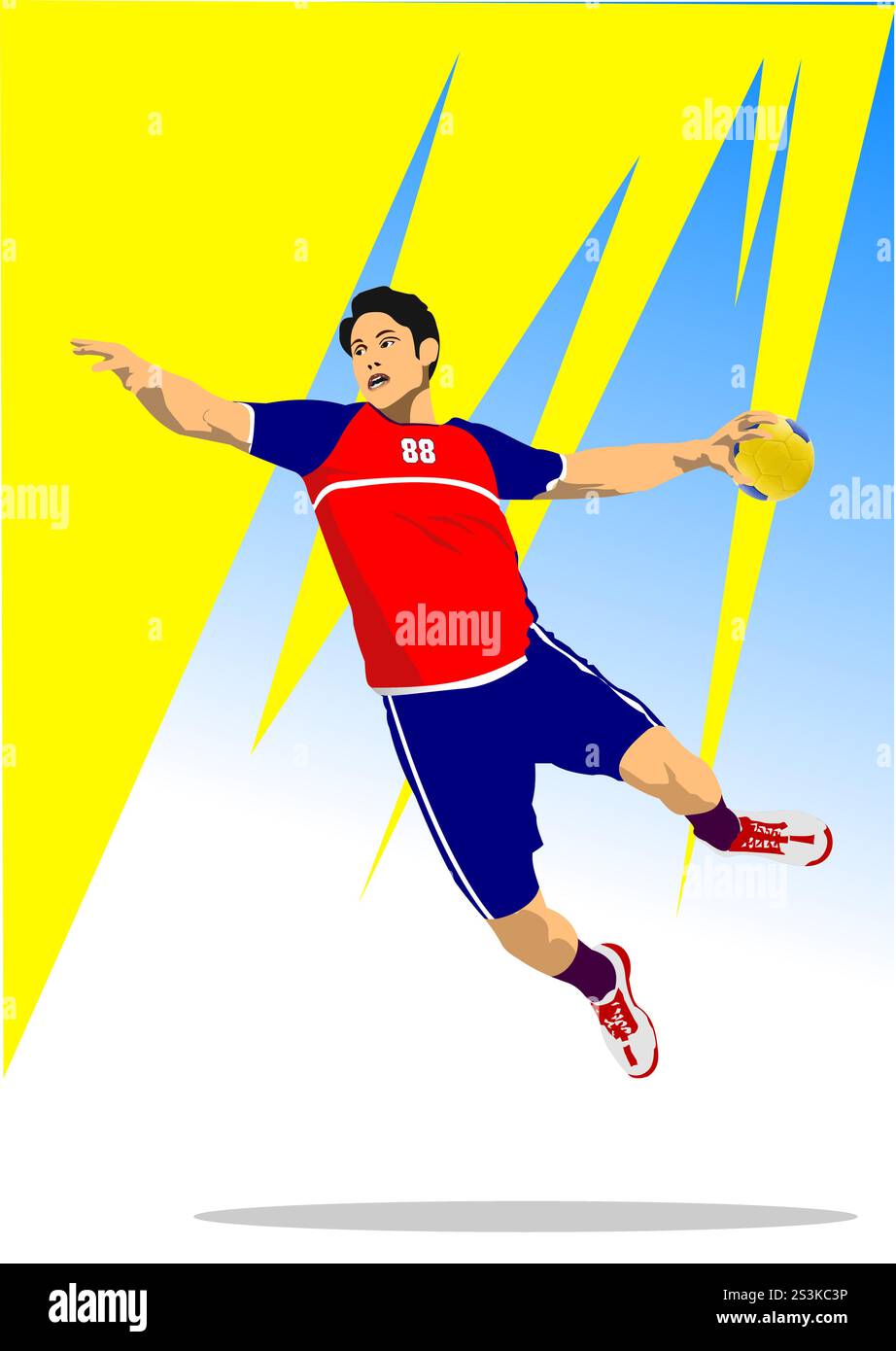 Young man exercising handball player silhouette. 3d color vector ...