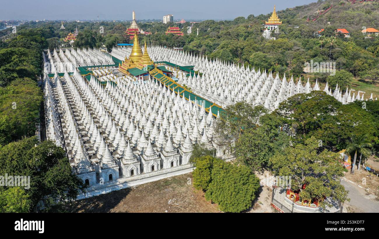 Mandalay, Myanmar: Kuthodaw Pagoda & Tripitaka tablets, aerial view of Buddhist temple with ...