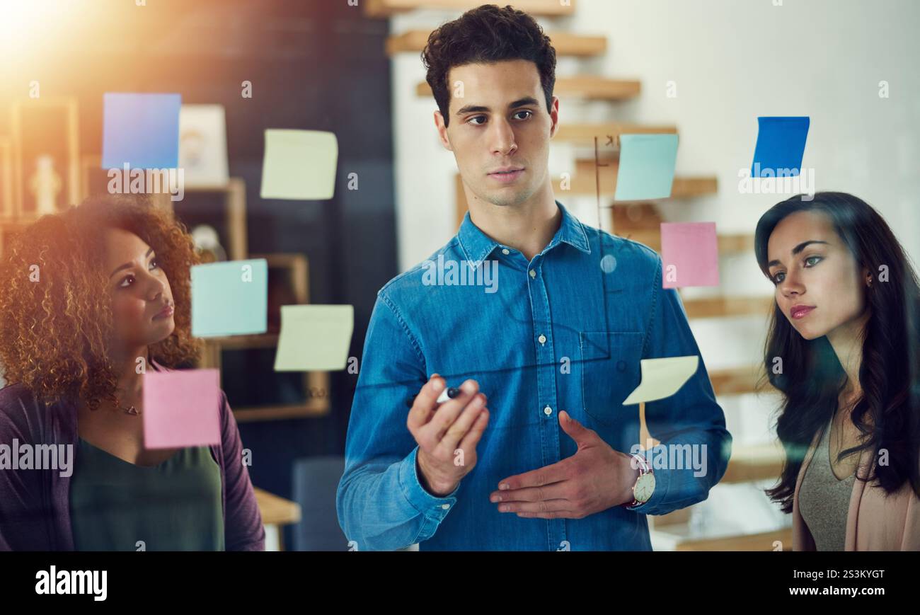 Business people, sticky notes and graph report in office, internship ...