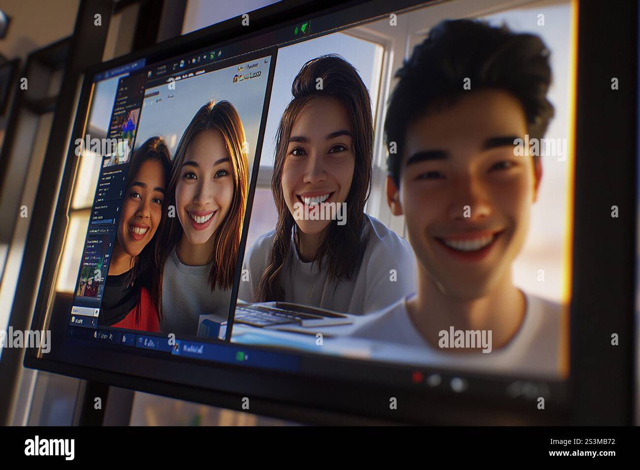 International students connect and share smiles during a video call, building friendships and ...