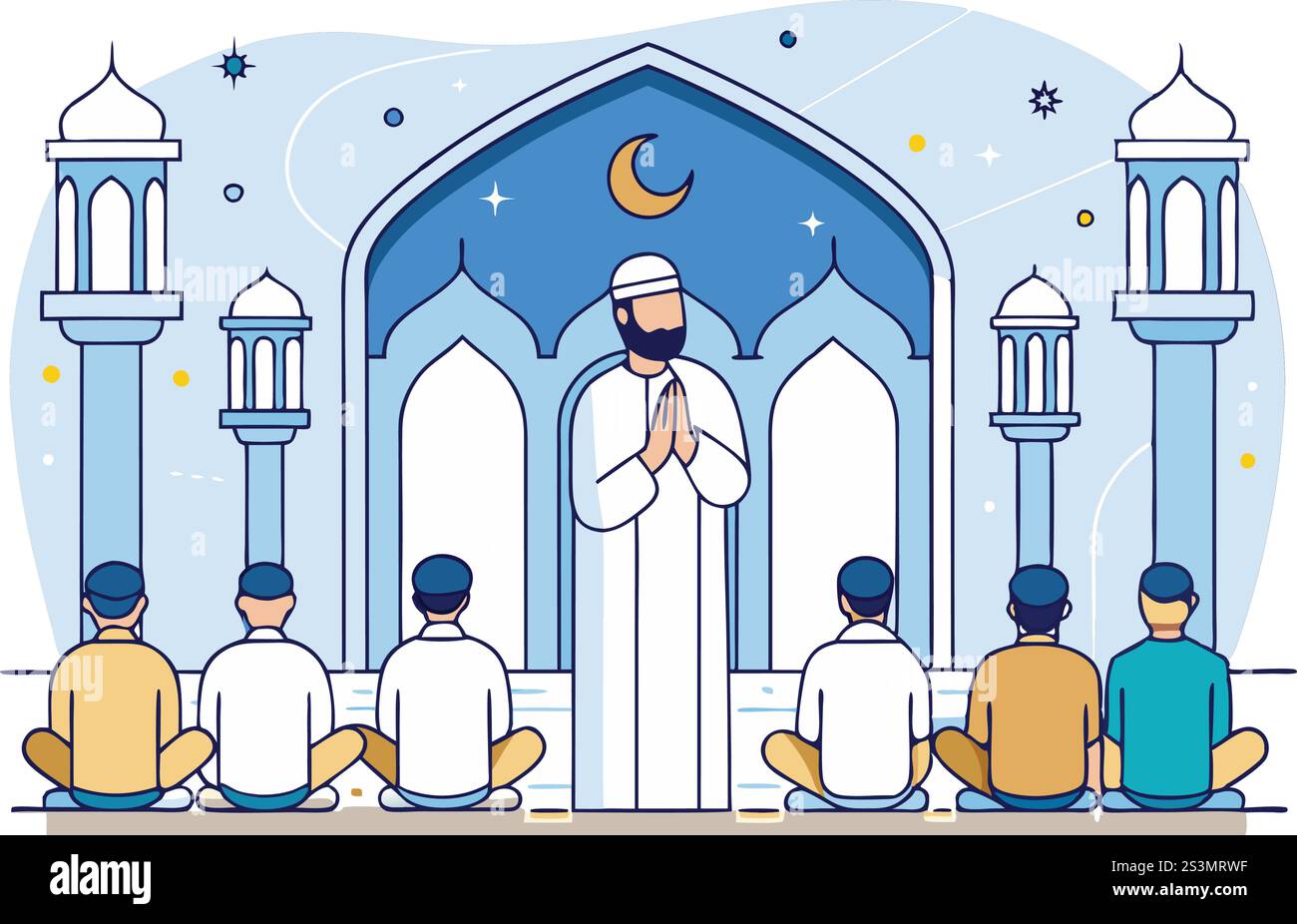 Vector illustration of a group of Muslims praying in a mosque under a ...