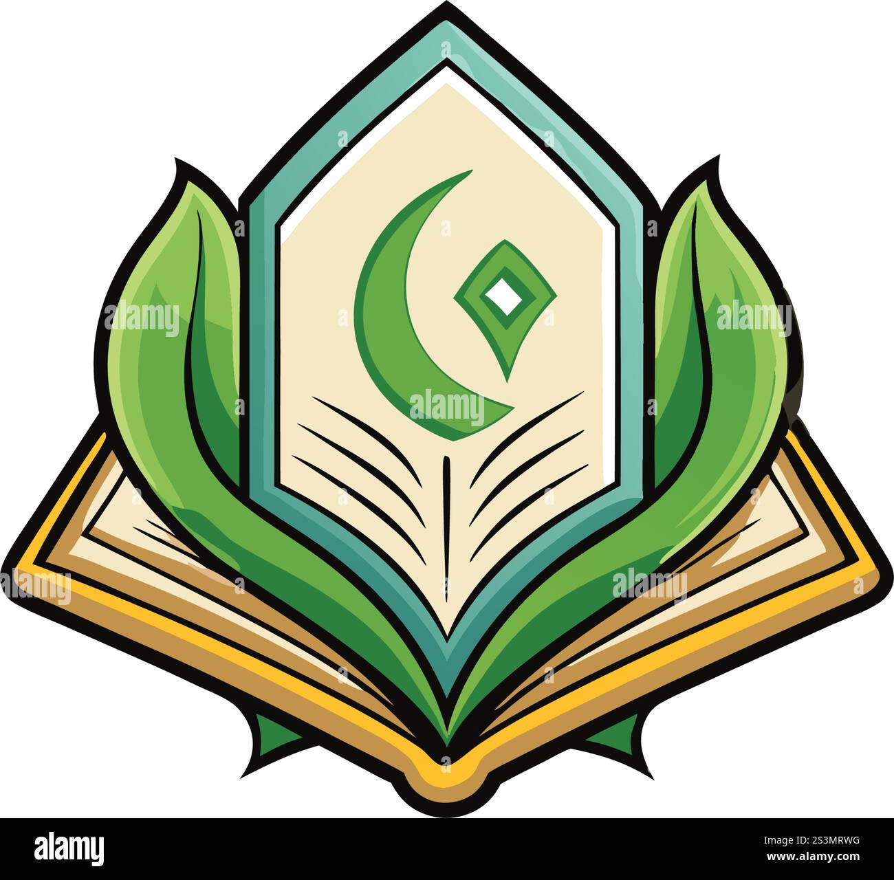 Creative vector of the Quran open with decorative leaves and crescent ...