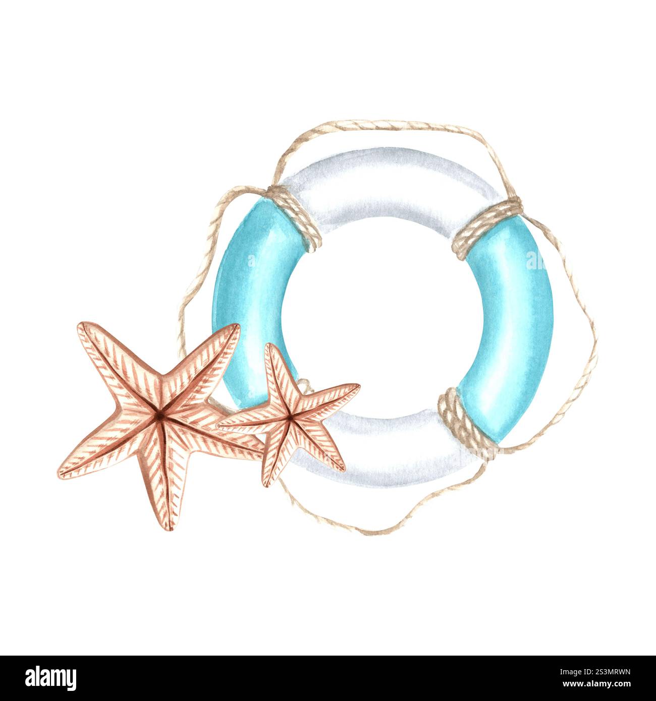 Lifebuoy light blue with starfishes. Rescue sign of nautical safety ...