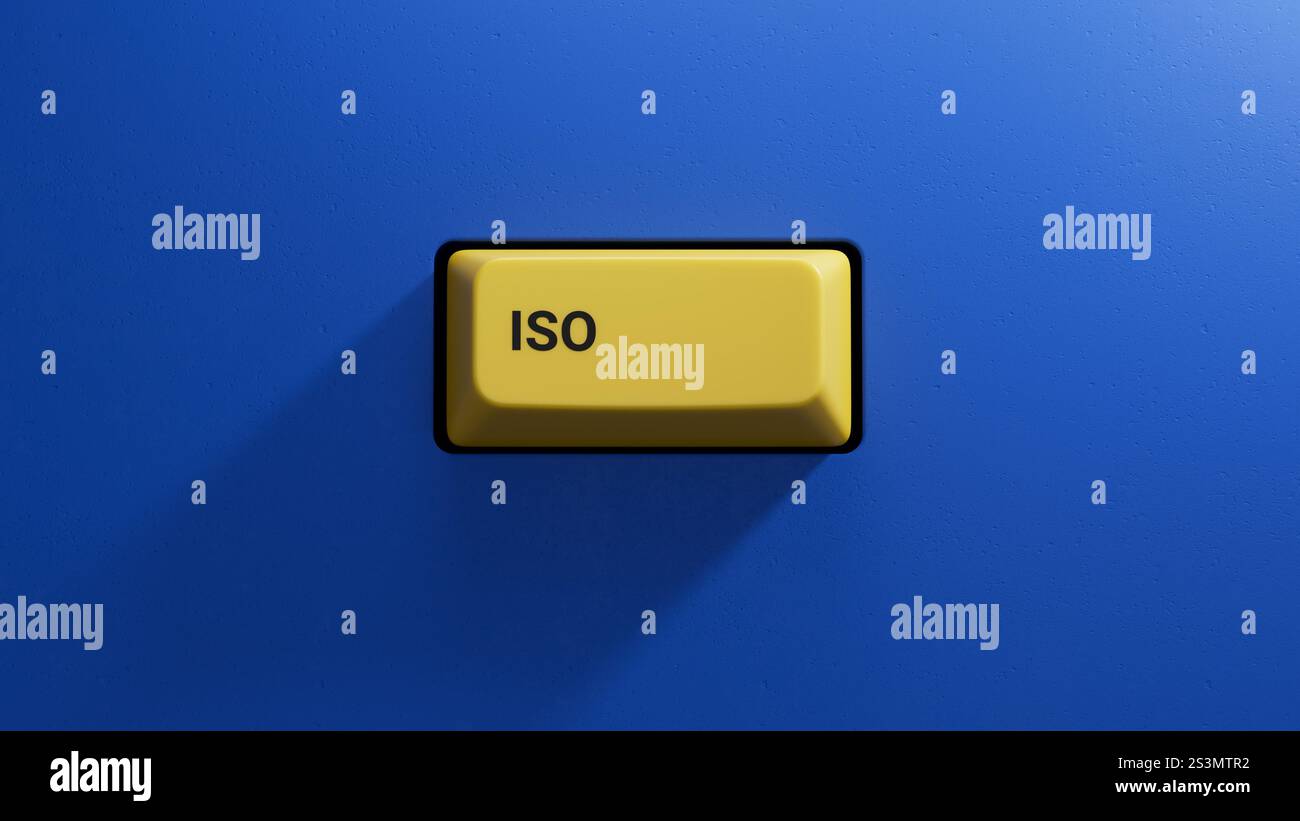 The abbreviation ISO on yellow button with check mark. ISO quality ...