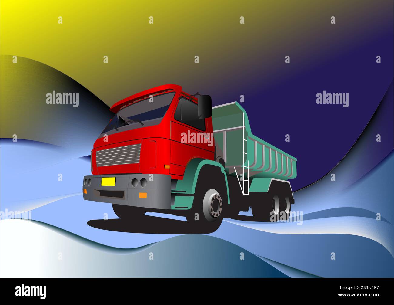 Red-green truck on the road. Lorry. Vector 3d hand drawn illustration ...
