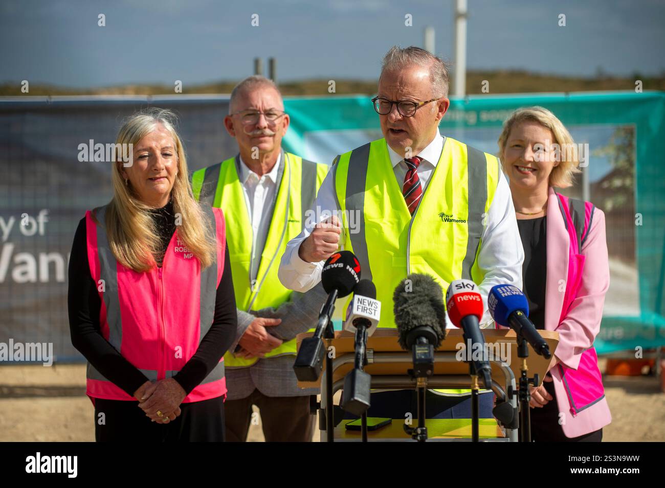 Australian Prime Minister Anthony Albanese speaks to media during a sod ...