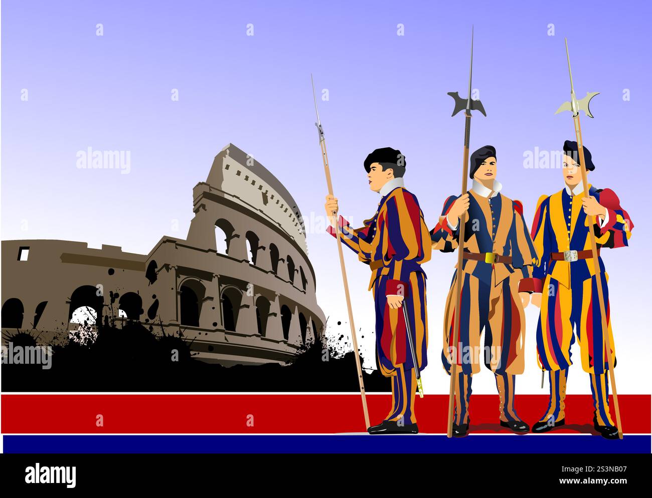 Three Swiss Guards on Rome background. 3d vector hand drawn ...