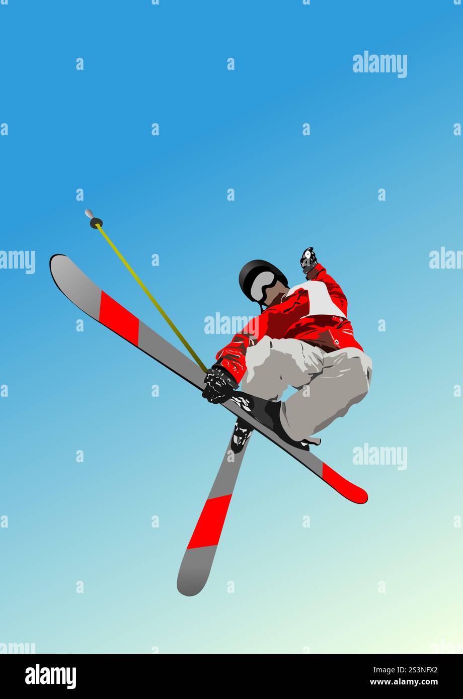 Slopestyle freestyle. Ski. 3d vector color hand drawn illustration ...
