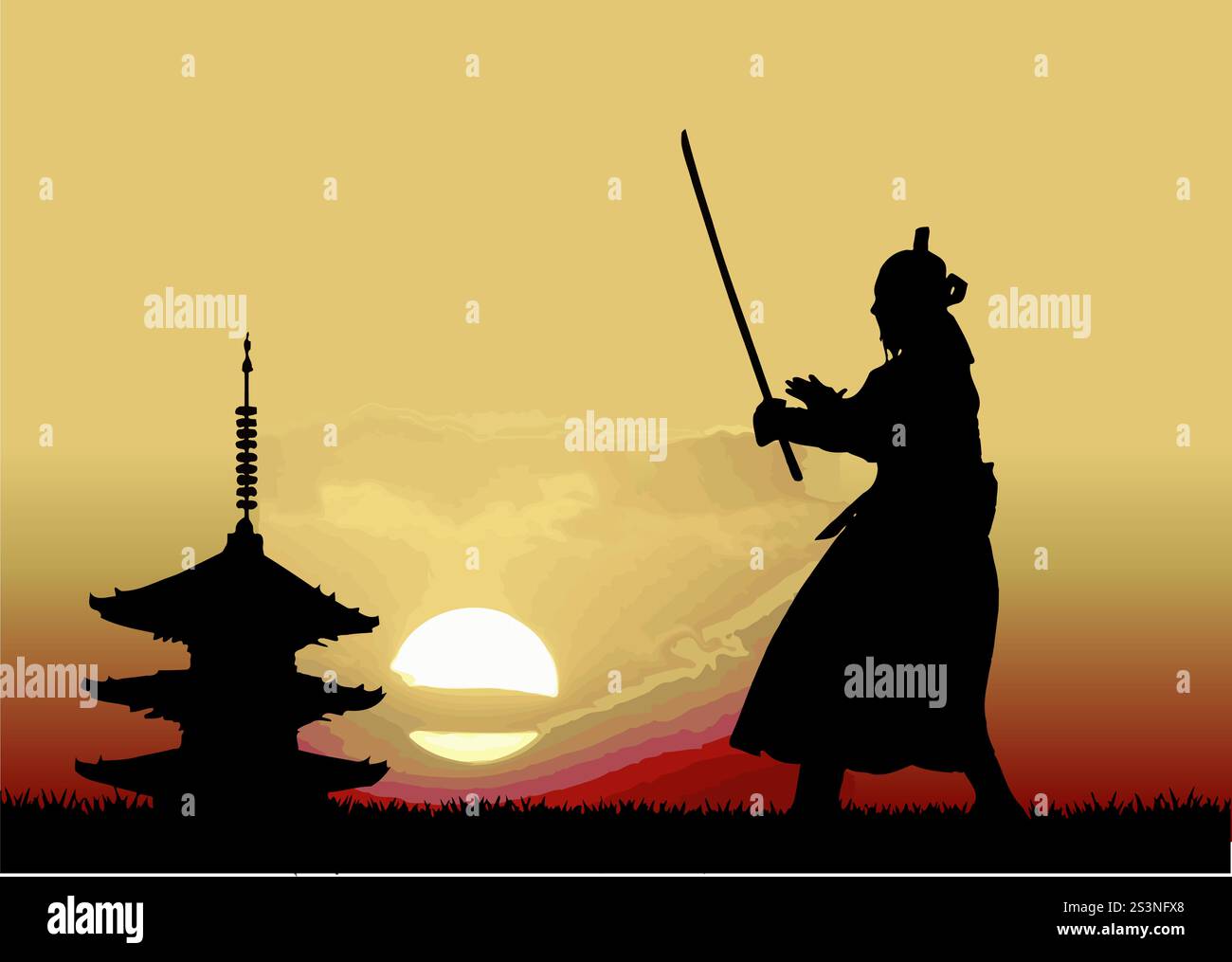 Black silhouette of Samurai with the sword on sky background. Vector ...