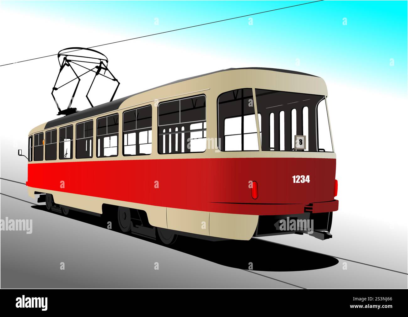 City transport. Old Tram. Colored Vector 3d hand drawn illustration ...