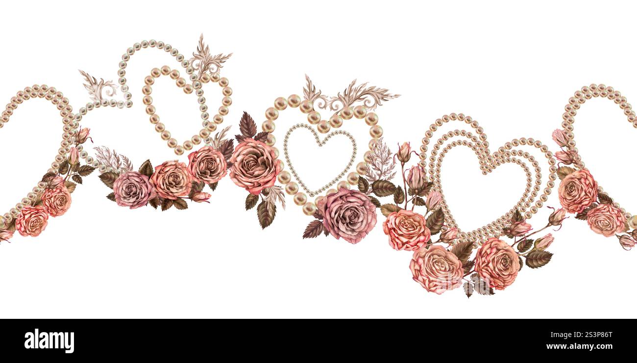 Floral seamless border. Pearl hearts with a bouquet of coffee roses ...