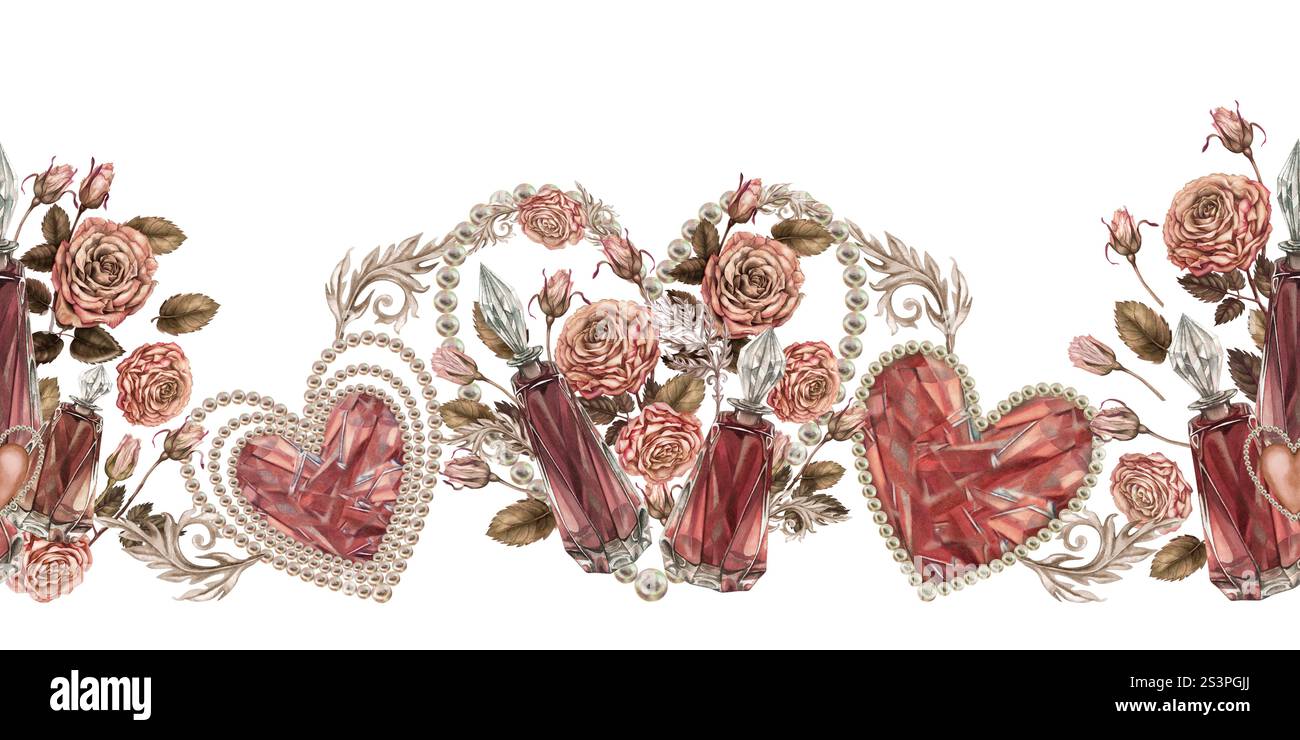 Seamless border. Vintage bottles of perfume, bouquets of coffee roses ...