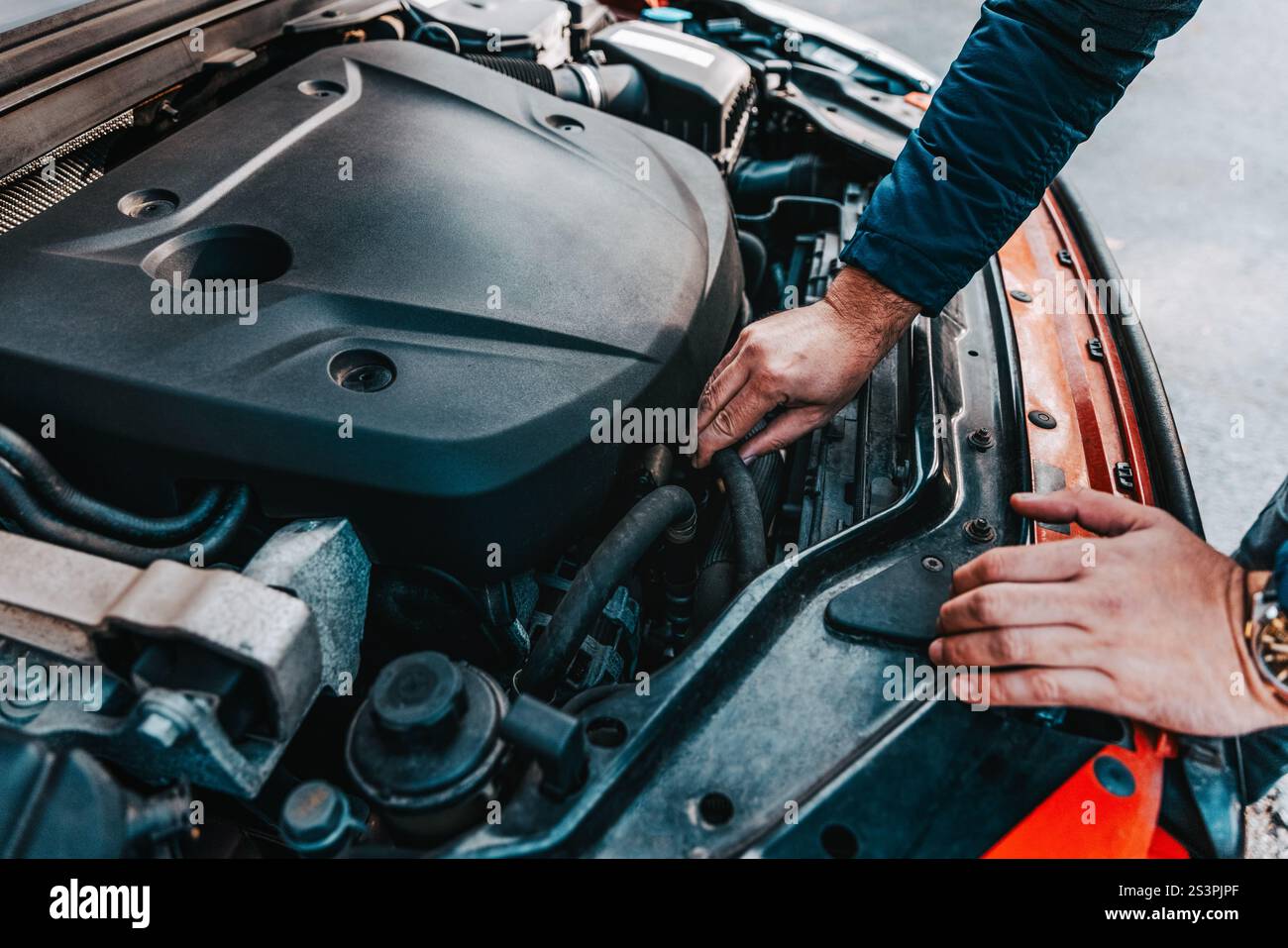 Car breakdown inspection , checking car engine in trunk Stock Photo - Alamy