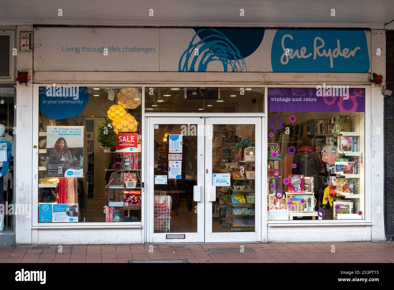 Store front and entrance to a Sue Ryder charity shop. January 2025 ...