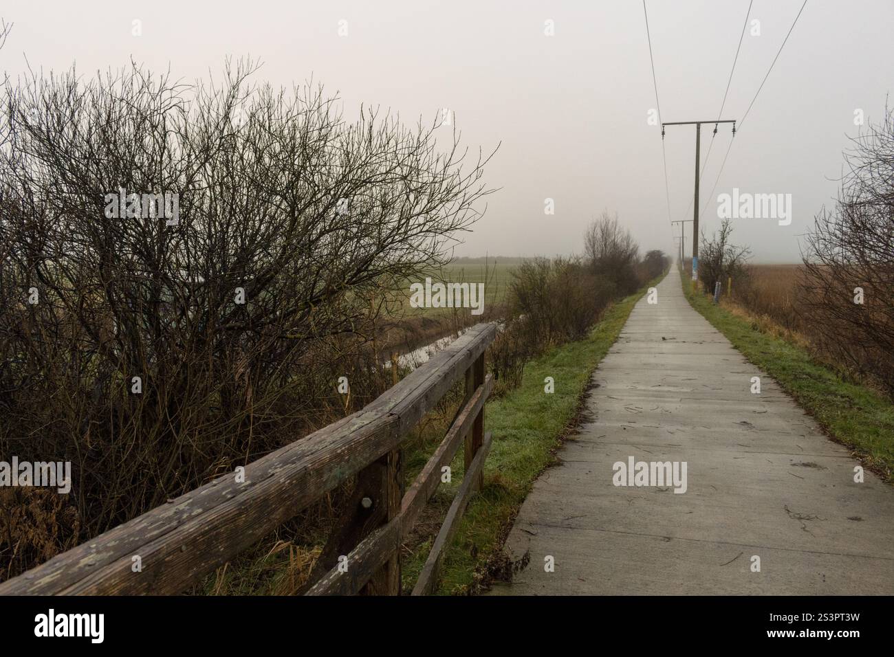 A foggy pathway surrounded by fields, bordered by a wooden fence and ...