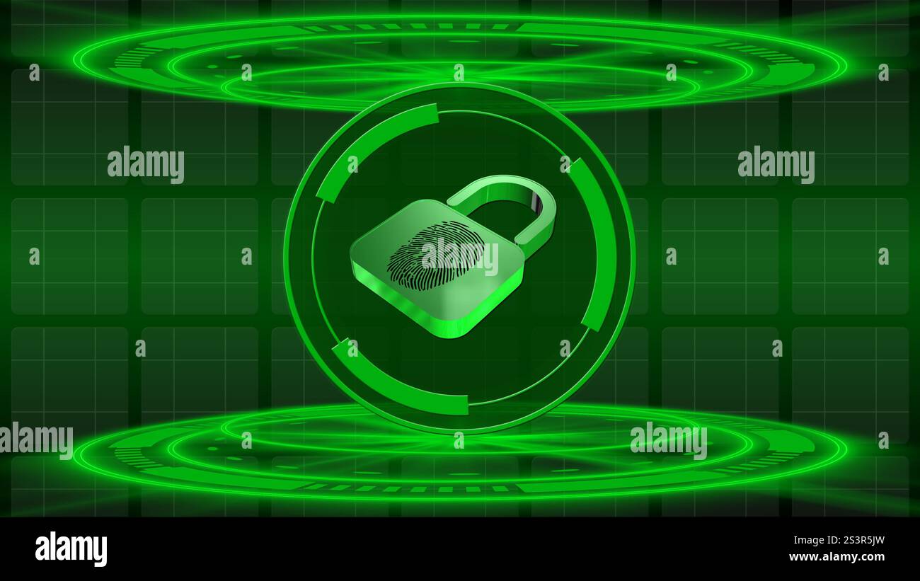Technology Security Concept Padlock With Fingerprint In Circle Frame Between Hud Elements 3d