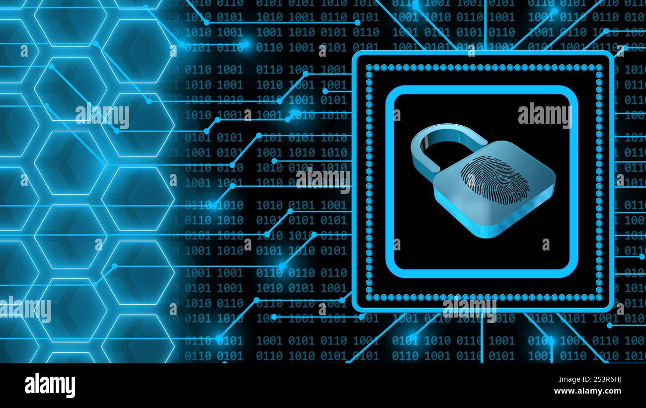 Padlock with fingerprint on abstract background of 4-digit binary code behind information ...