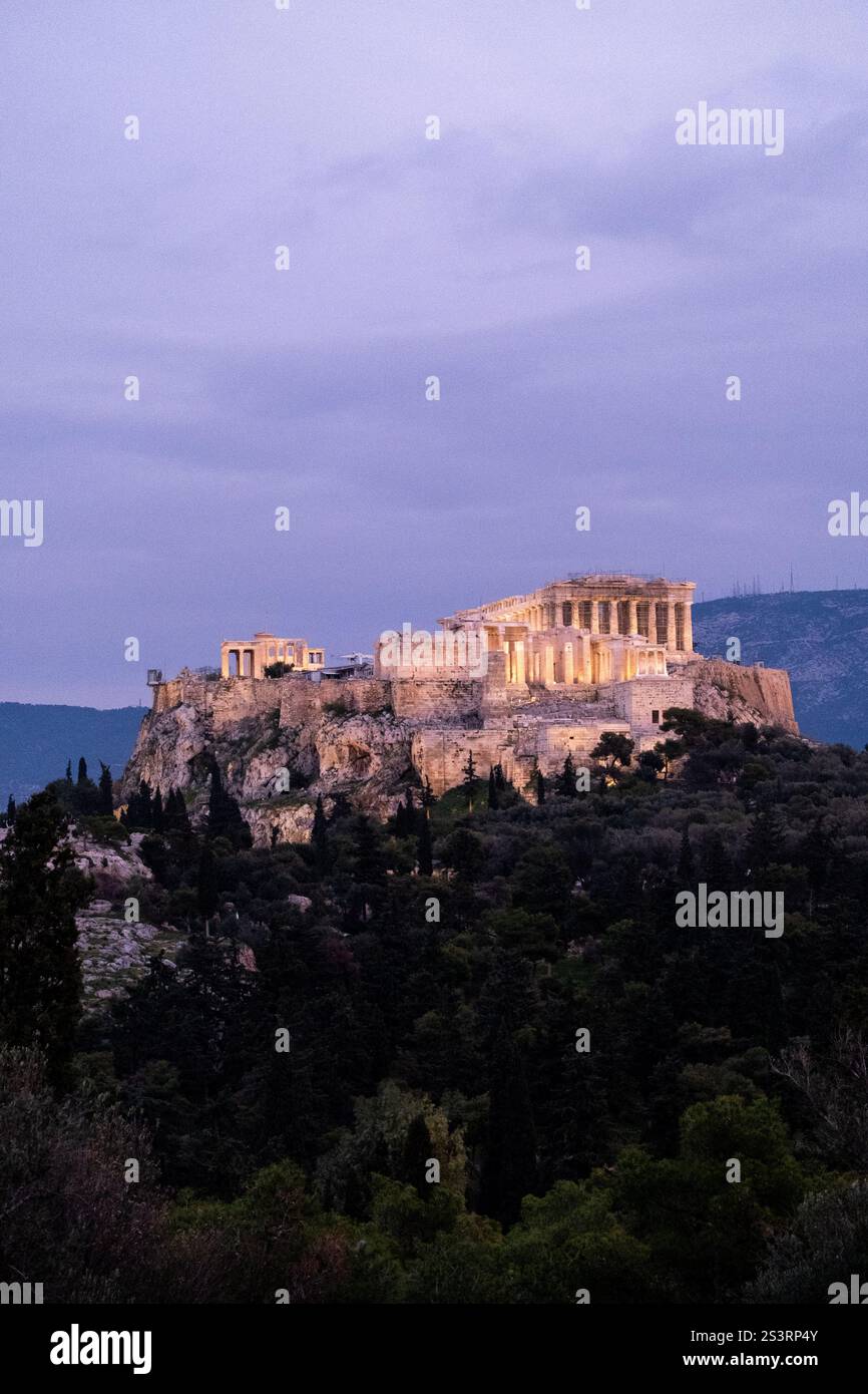 The Parthenon temple with a facade under construction with scaffolding ...