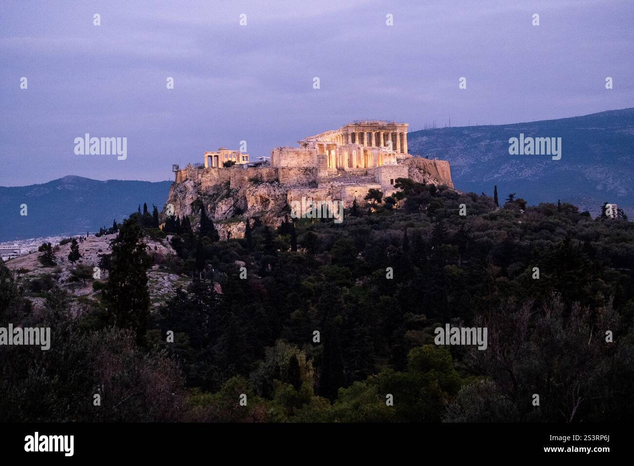 The Parthenon temple with a facade under construction with scaffolding ...
