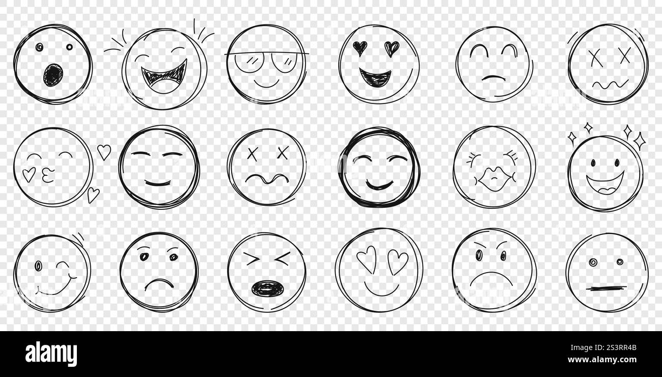 Emojis faces icon in hand drawn style. Doddle emoticons vector ...