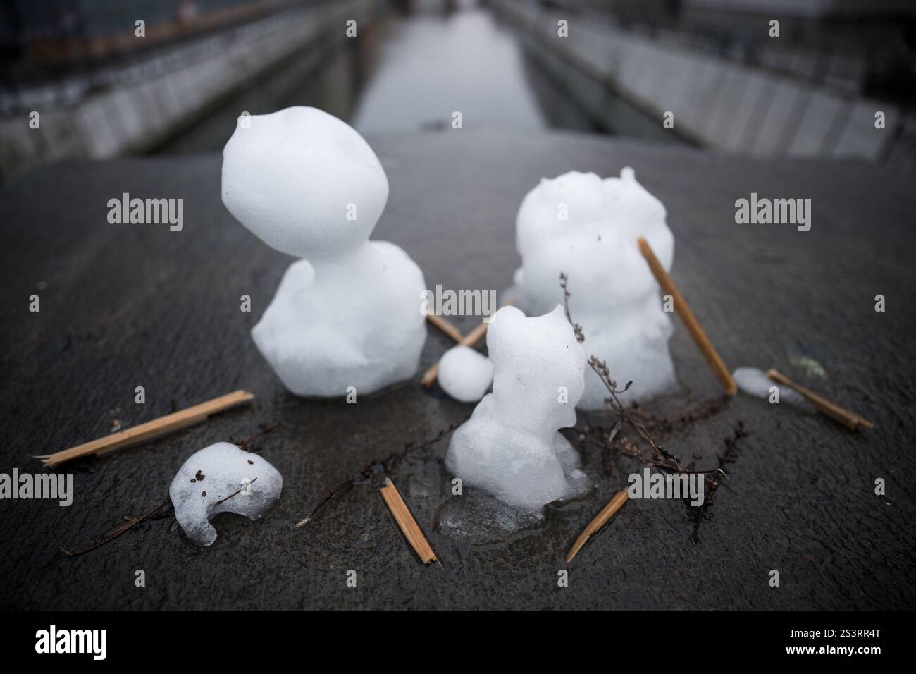 Berlin, Germany. 10th Jan, 2025. Two small half-melted snowmen stand on ...