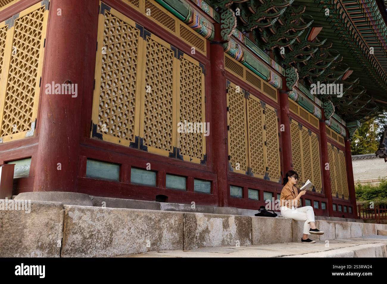 Korean girl reading book seated with traditional Korean temple ...