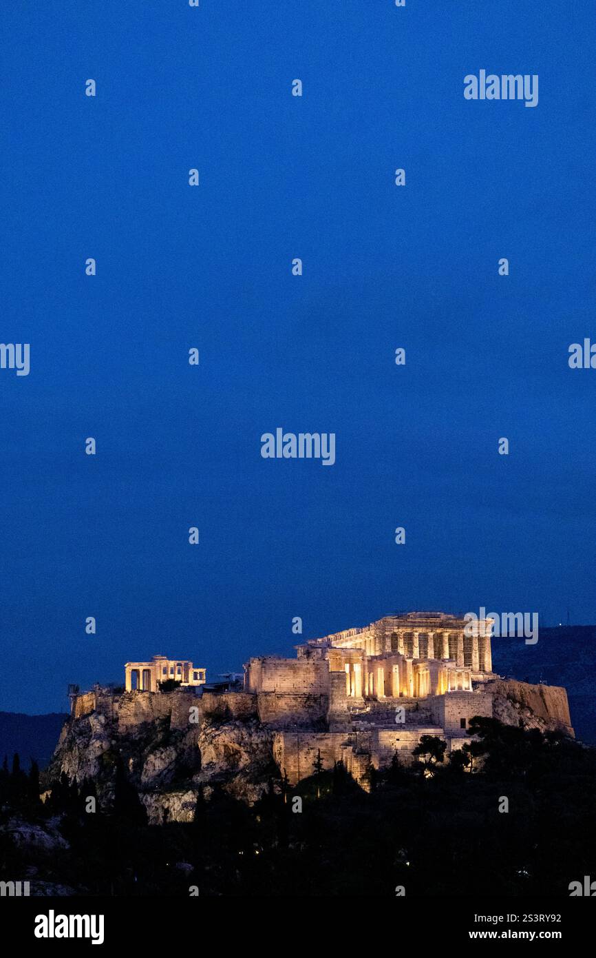 The Parthenon temple with a facade under construction with scaffolding ...