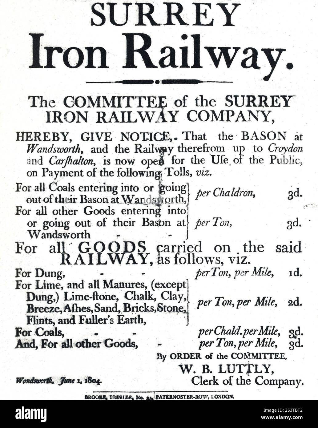 A Tarriff card of tolls and duties payable to use the Surrey Iron ...