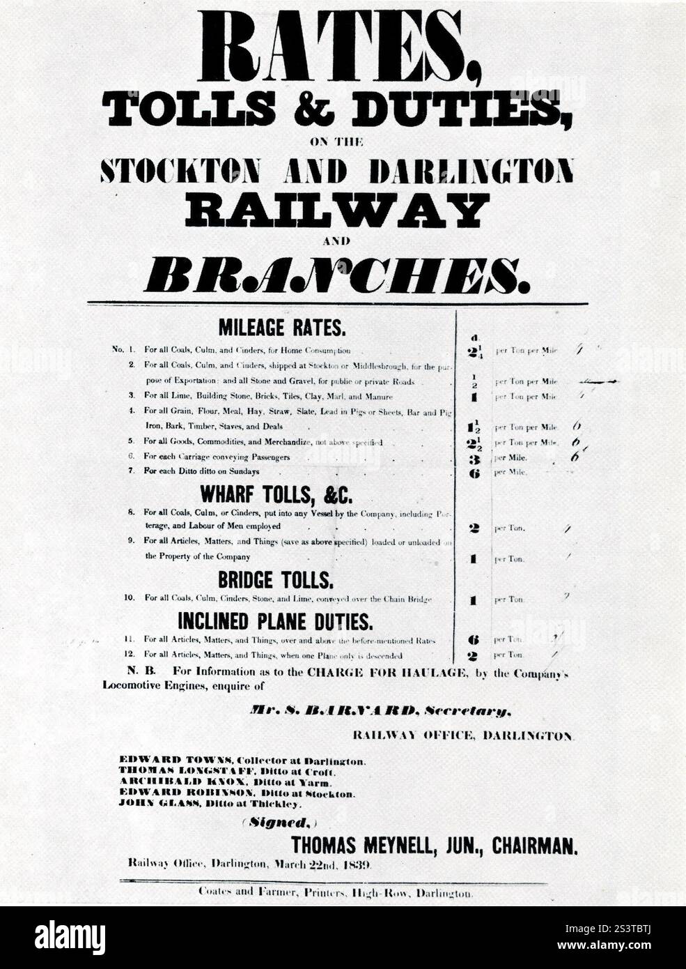 A Tarriff card of tolls and duties payable to use the Stockton and ...