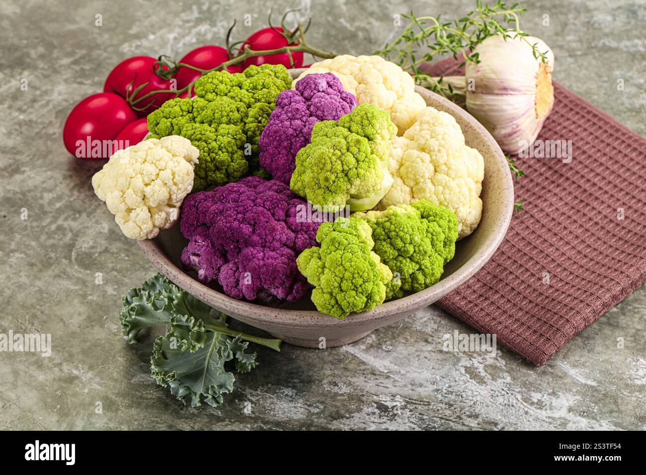 Raw cauliflower different colors heap served leaf Stock Photo - Alamy