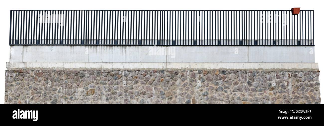 Concrete wall with granite foundation and steel railings. Isolated on ...