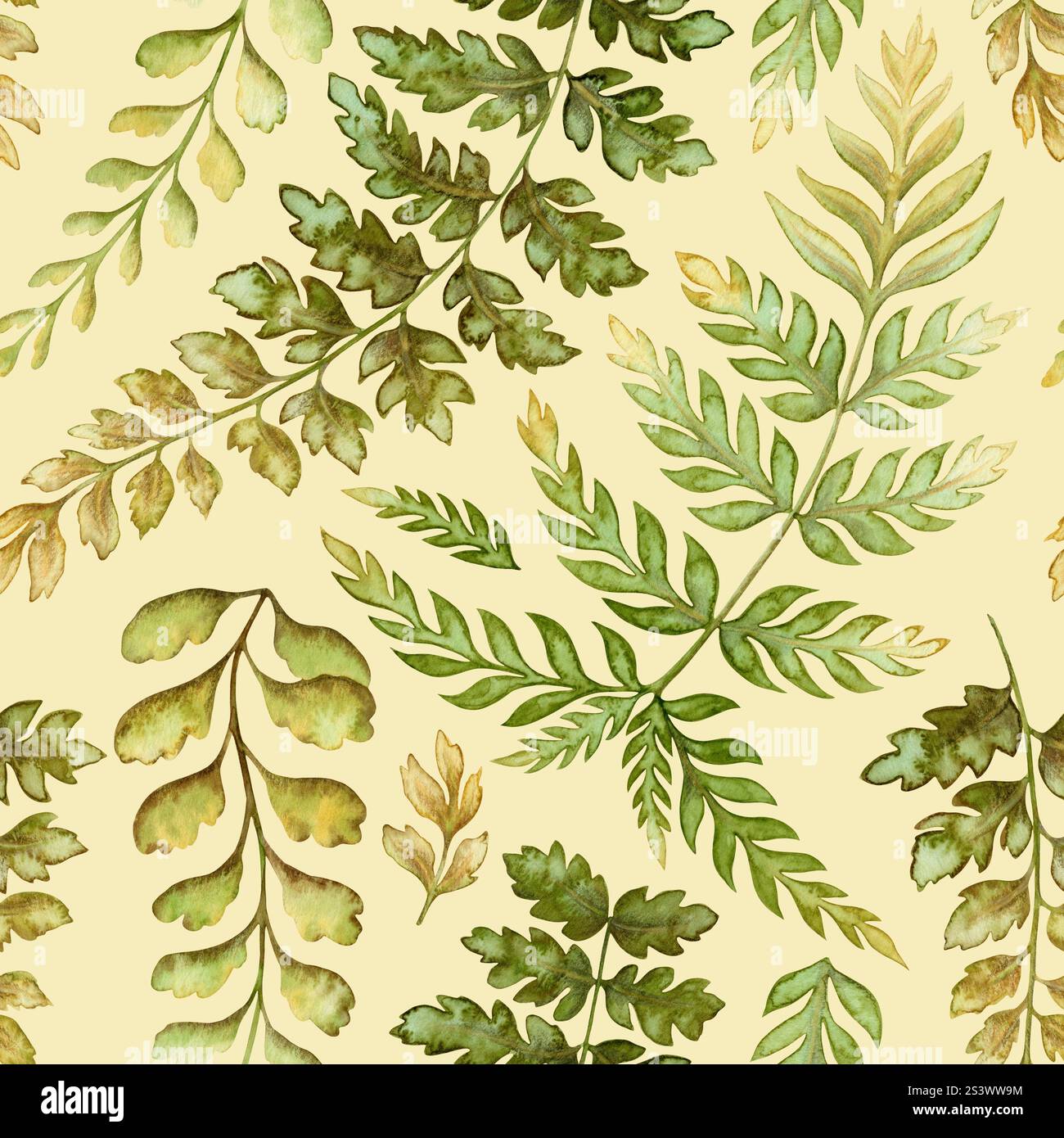 Fern leaves seamless pattern on yellow background. Hand drawn ...