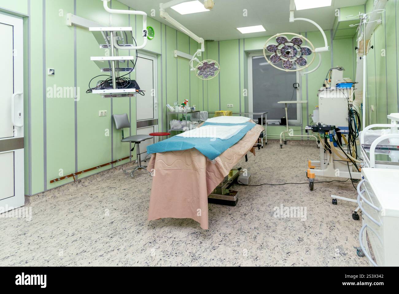 Interior of a surgical operating room in a hospital, a bright room with ...