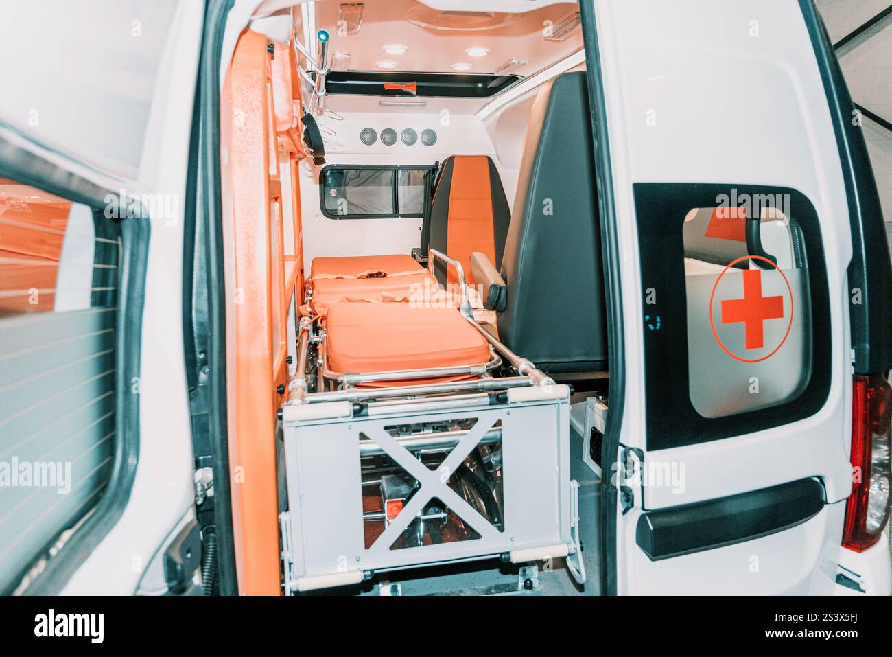 Interior of a ambulance car inside, a bright intensive care room with ...