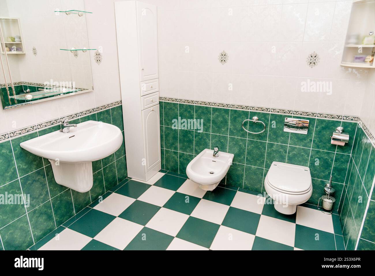 Simple bathroom interior in a residential building, toilet design in a ...