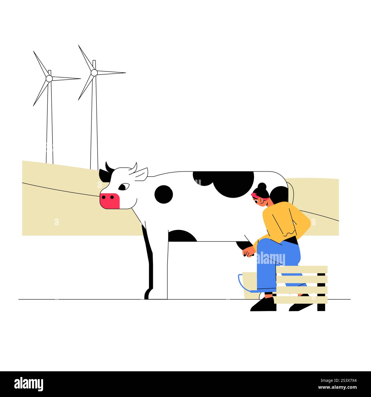 Farmer Milking A Cow With Wind Turbines In Background In Flat Vector ...