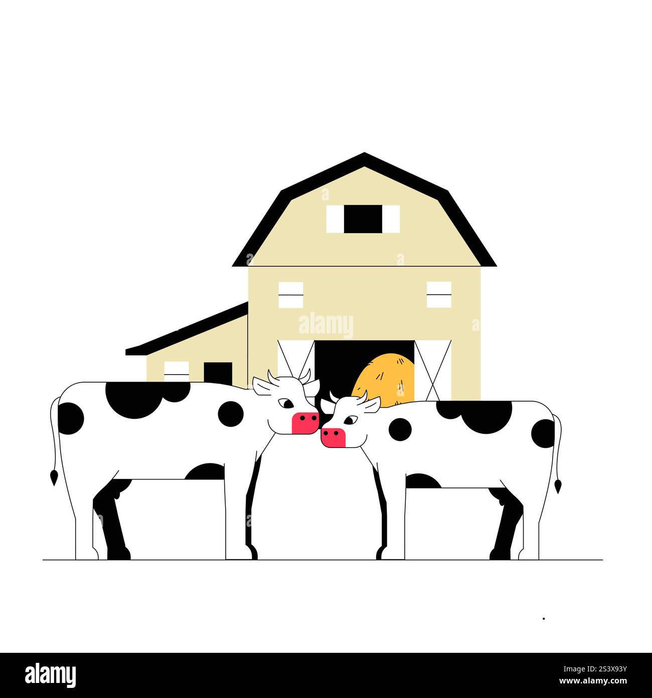 Two Cows In Front Of Barn In Flat Vector Illustration Symbolizing ...