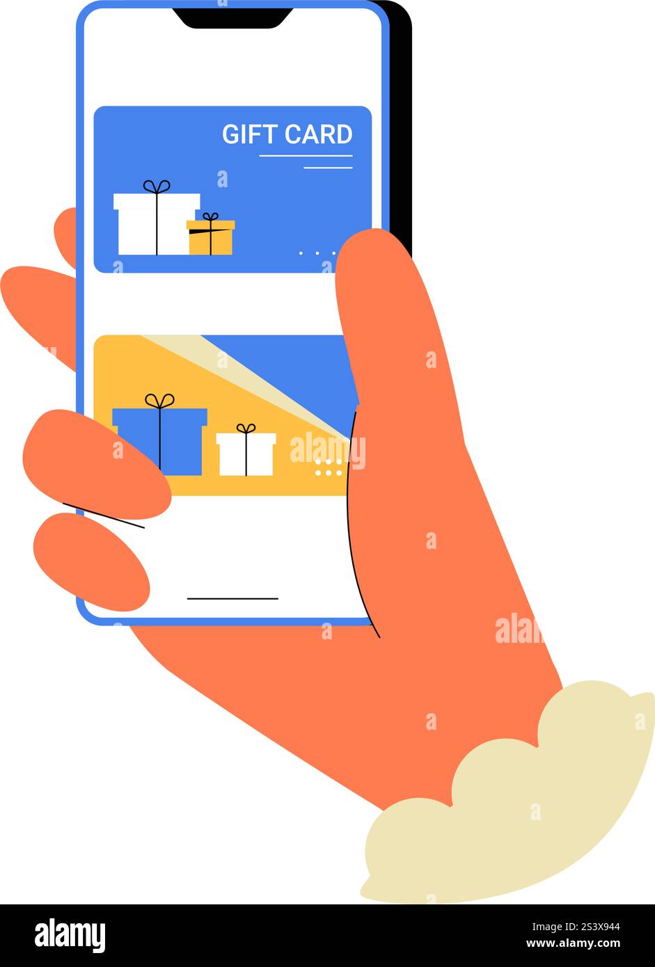Hand Holding Smartphone Displaying Gift Cards In Flat Vector ...
