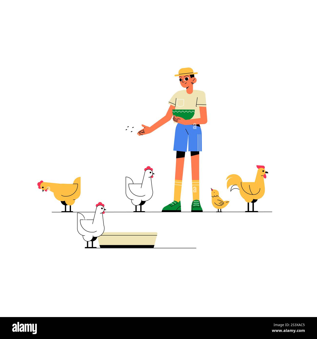 Male Farmer Feeding Chickens In Flat Vector Illustration Symbolizing ...