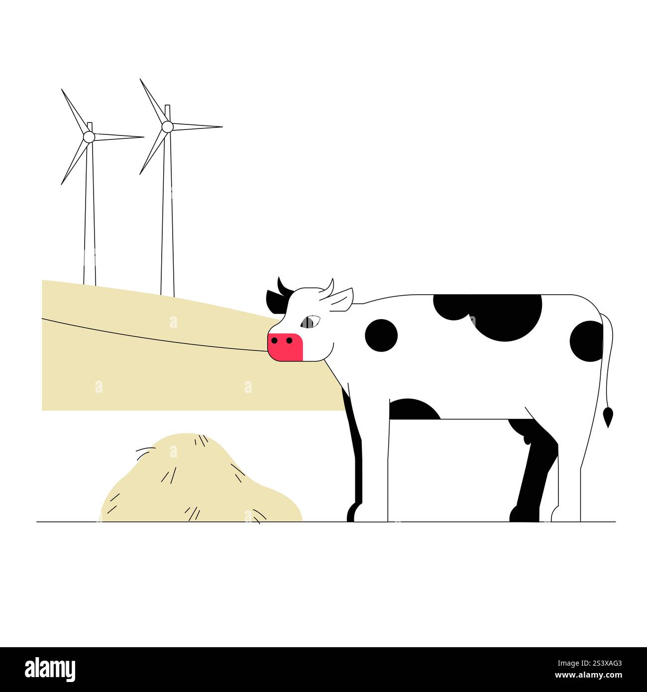Cow Grazing Near Haystack With Wind Turbines In Flat Vector ...