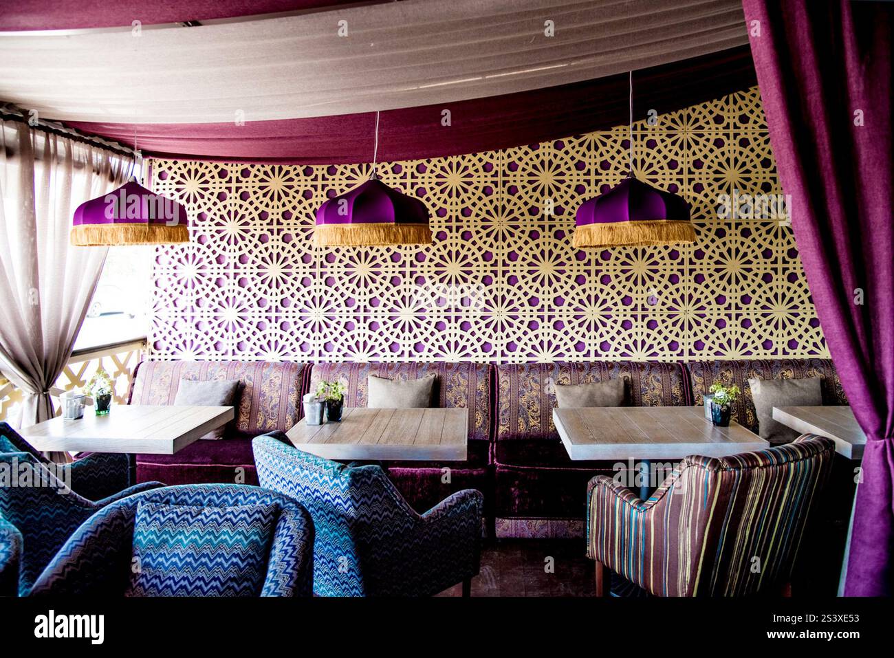 Interior of the summer veranda of a coffee shop, oriental style ...