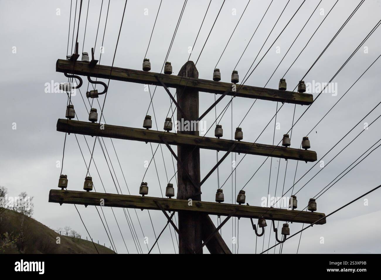 Utility poles are lined with insulators and power lines stretching across the overcast sky in a ...