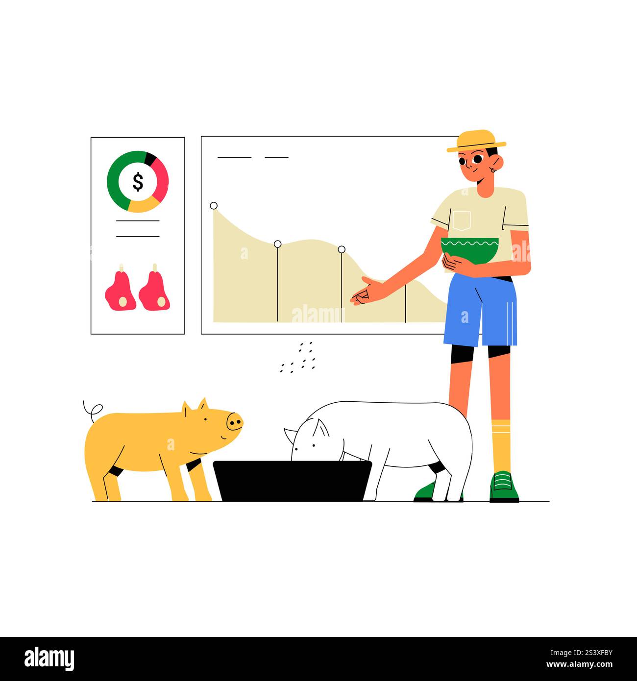 Farmer Feeding Pigs With Farming Data On Screen In Flat Vector ...