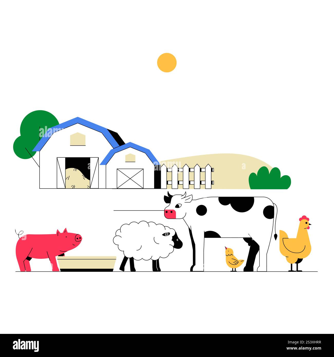 Farm Animals With Barnyard Setting Including Pig, Sheep, Cow, And ...