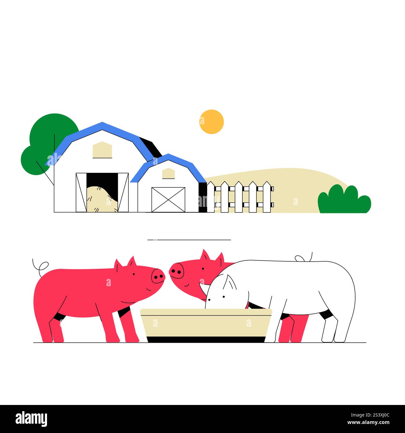 Pigs Eating From Trough With Farmhouse In Background In Flat Vector ...
