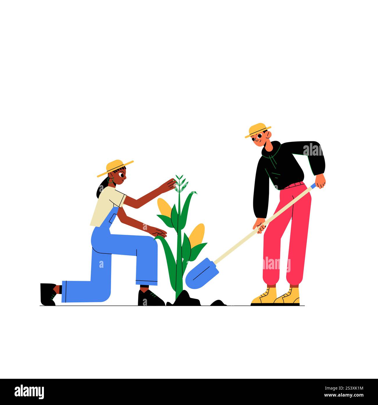 Male And Female Farmers Planting Crops In Flat Vector Illustration ...