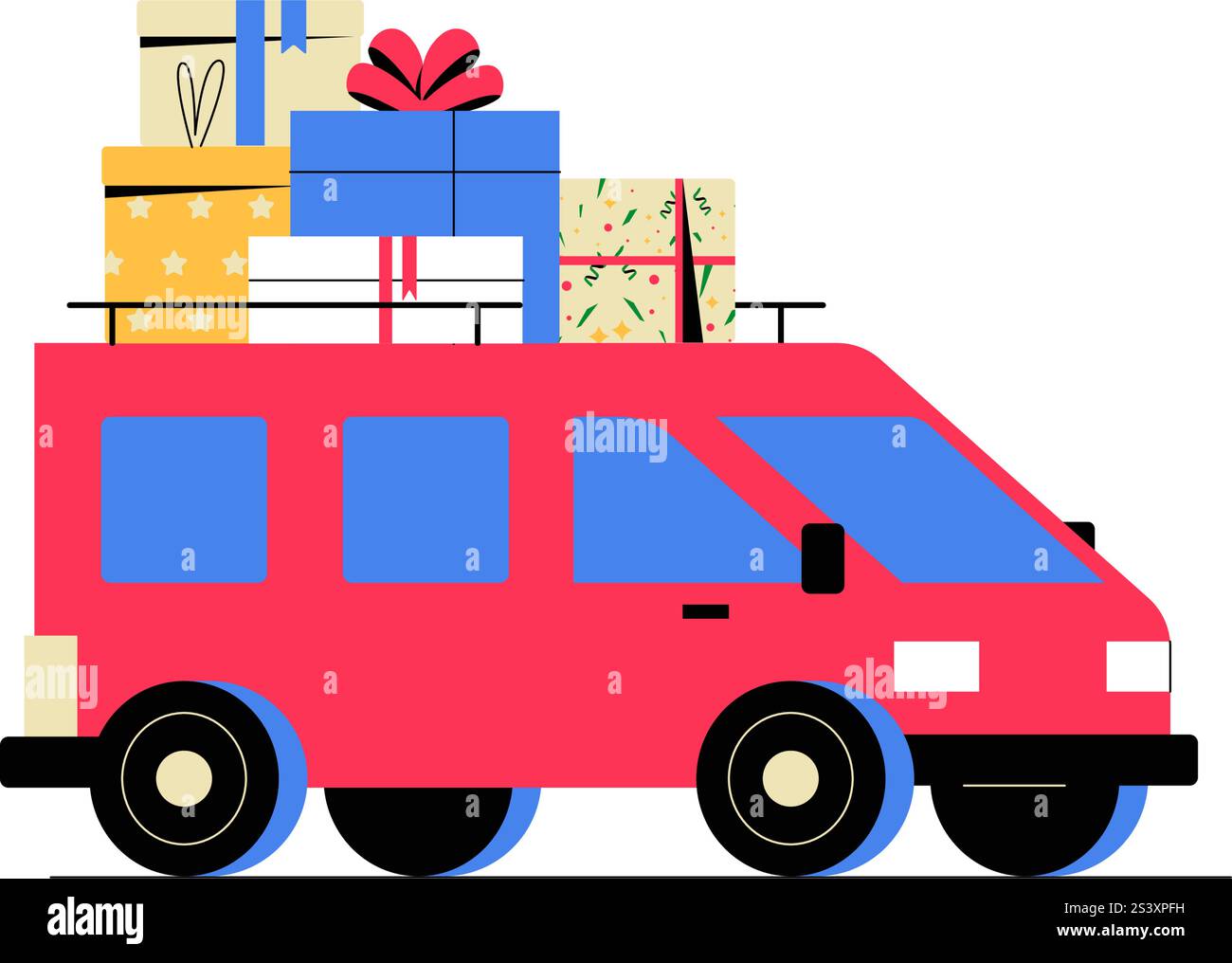 Van With Stacked Gift Boxes In Flat Vector Illustration Symbolizing ...