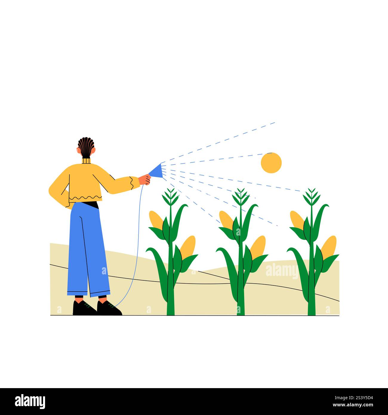 Male Farmer Watering Cornfield In Flat Vector Illustration Symbolizing ...