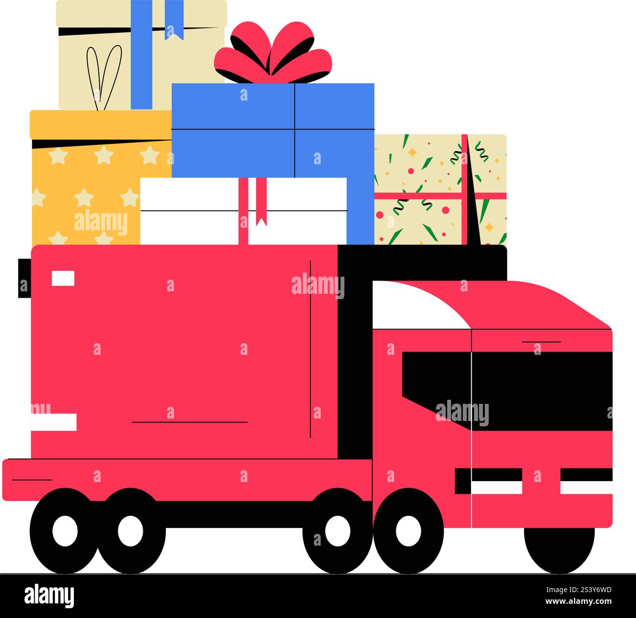 Truck With Stacked Gift Boxes In Flat Vector Illustration Symbolizing ...