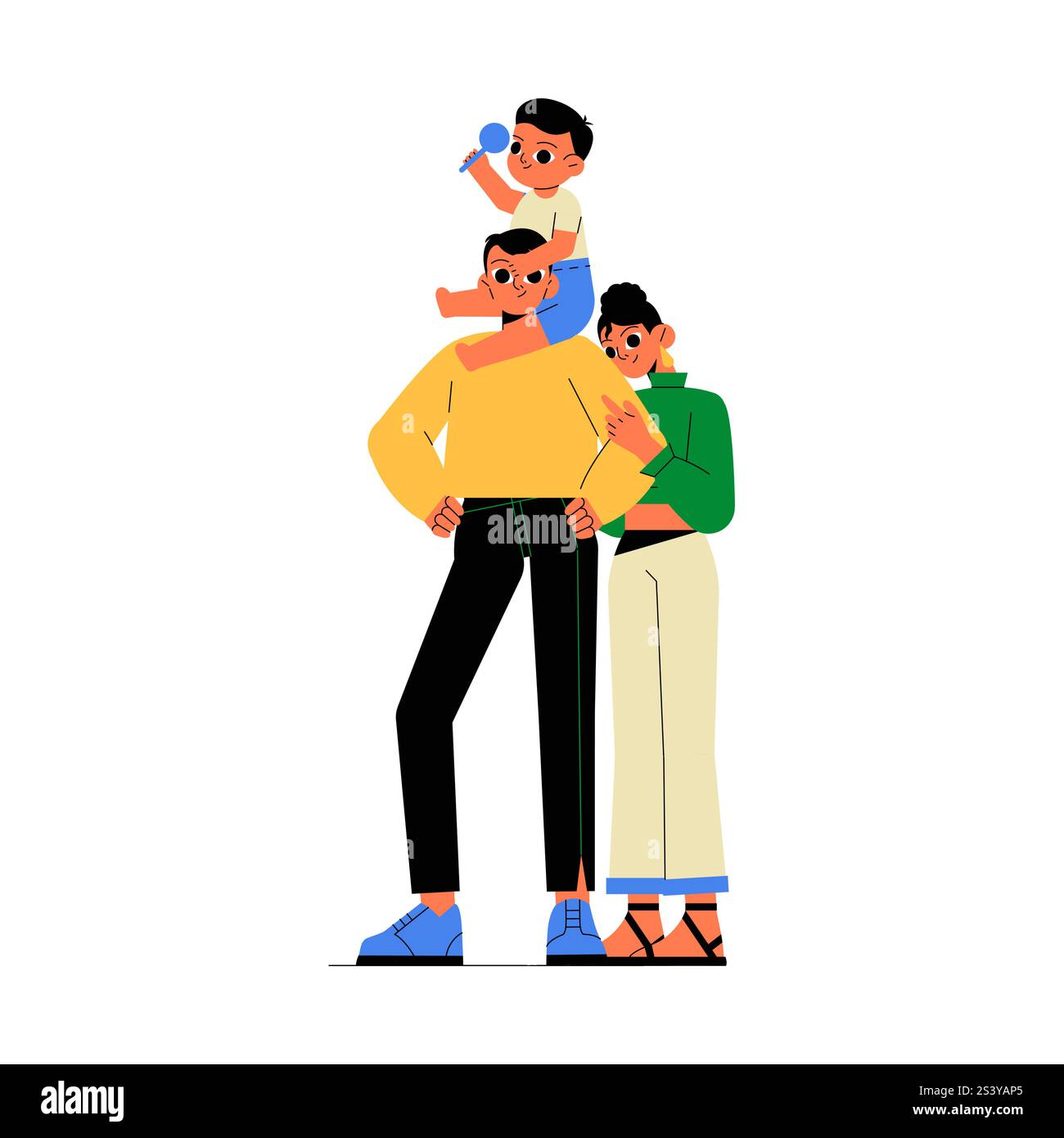 Family With Child On Fathers Shoulders In Flat Vector Illustration ...